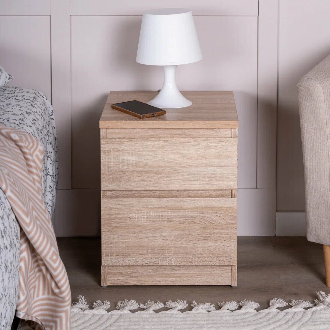 Тумба прикроватная "Кастор" с 2 ящиками, дуб сонома, 39.6 см х 37.3 см х 49.2 см