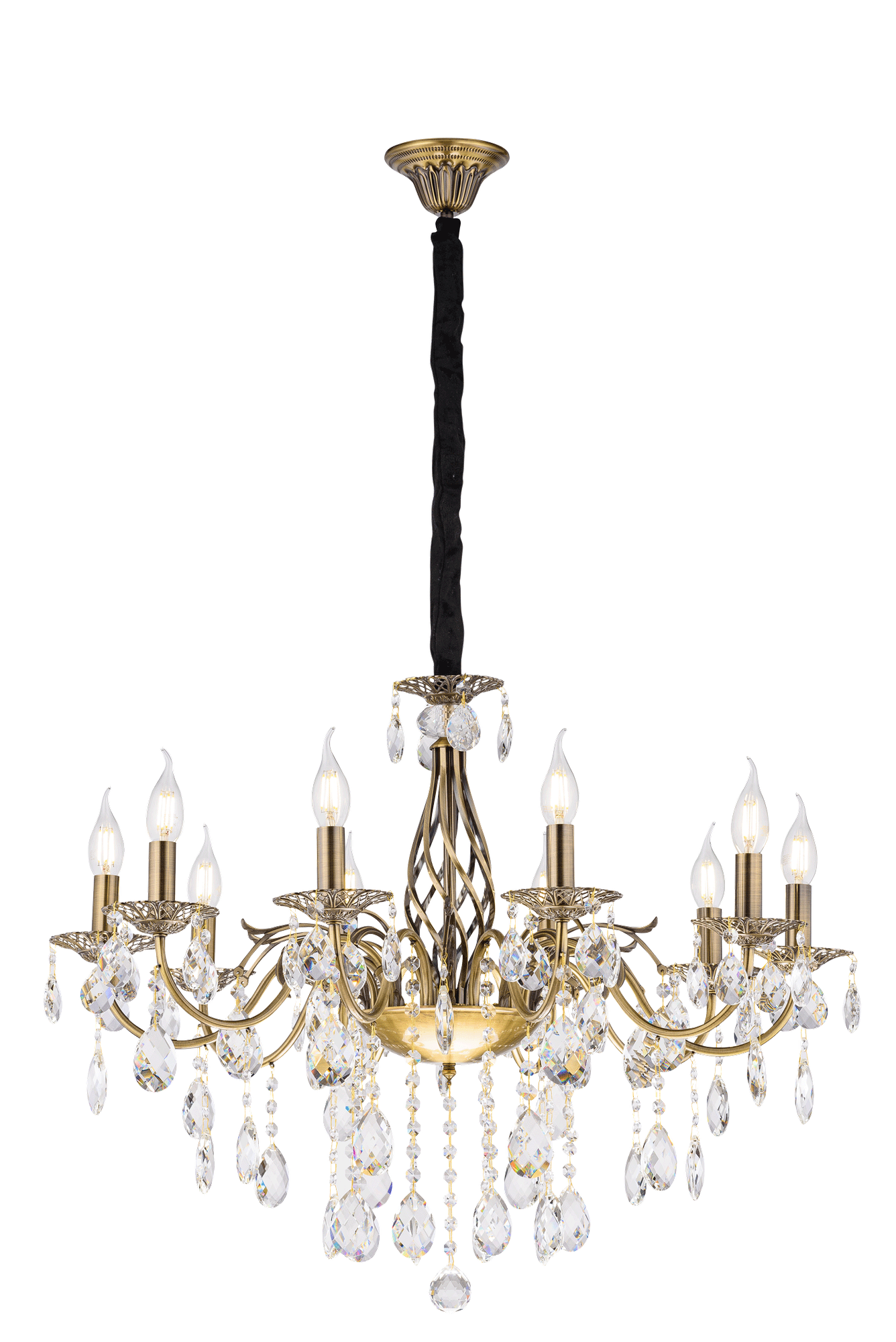 Люстра хрустальная Классика бронза подвесная с прозрачными хрустальными подвесками на 10 ламп E14, регулировка по высоте