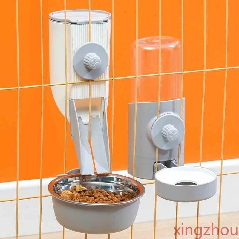 Набор: Автоматическая поилка и кормушка для кошек, собак, грызунов/Подвесная миска для животных, цвет серый