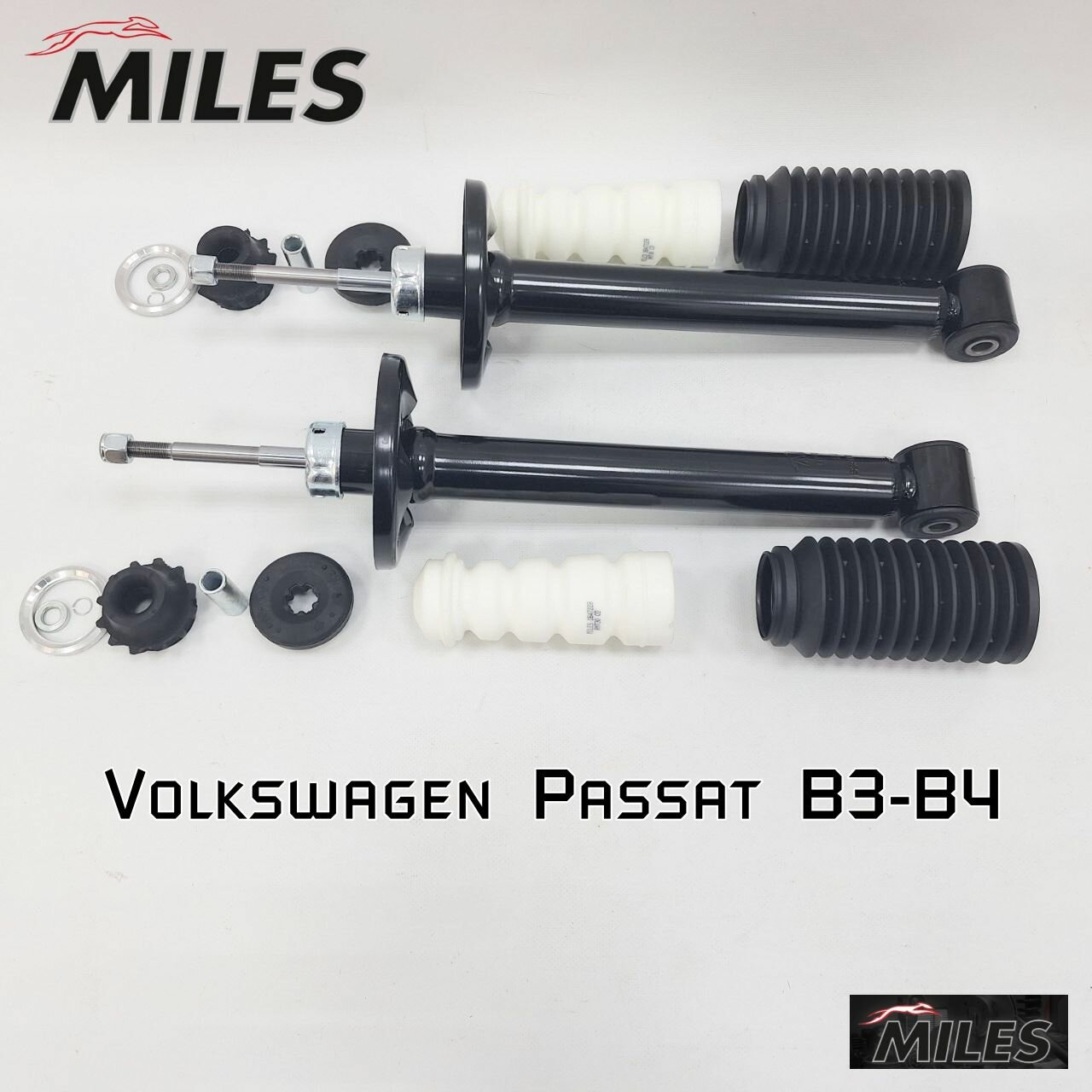 Задние амортизаторы c пыльниками, отбойниками и комплектом опор MILES-KYB для Volkswagen Passat B3-B4, Фольксваген Пассат Б3-Б4.