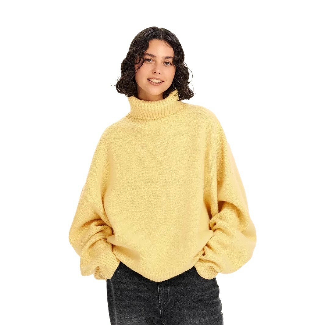 Женский вязаный новый стиль одежды, осенне-зимний свитер, свободный желтый свитер с высоким воротом