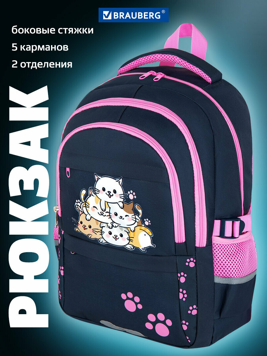 Рюкзак школьный для девочки, ранец для подростка спортивный, портфель детский в школу, 2 отделения, 5 карманов, Brauberg Cat meeting, 272089