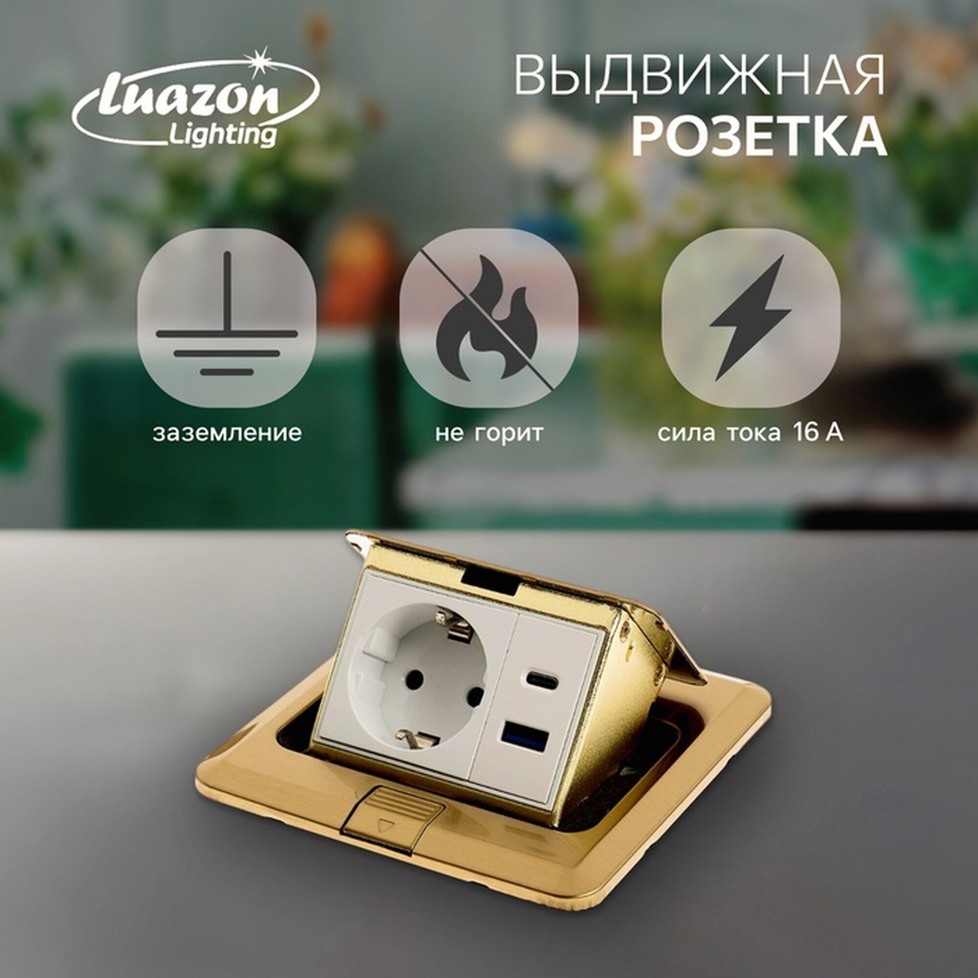 Розетка выдвижная, 16 А, одноместная, USB + Type-C, золотистая
