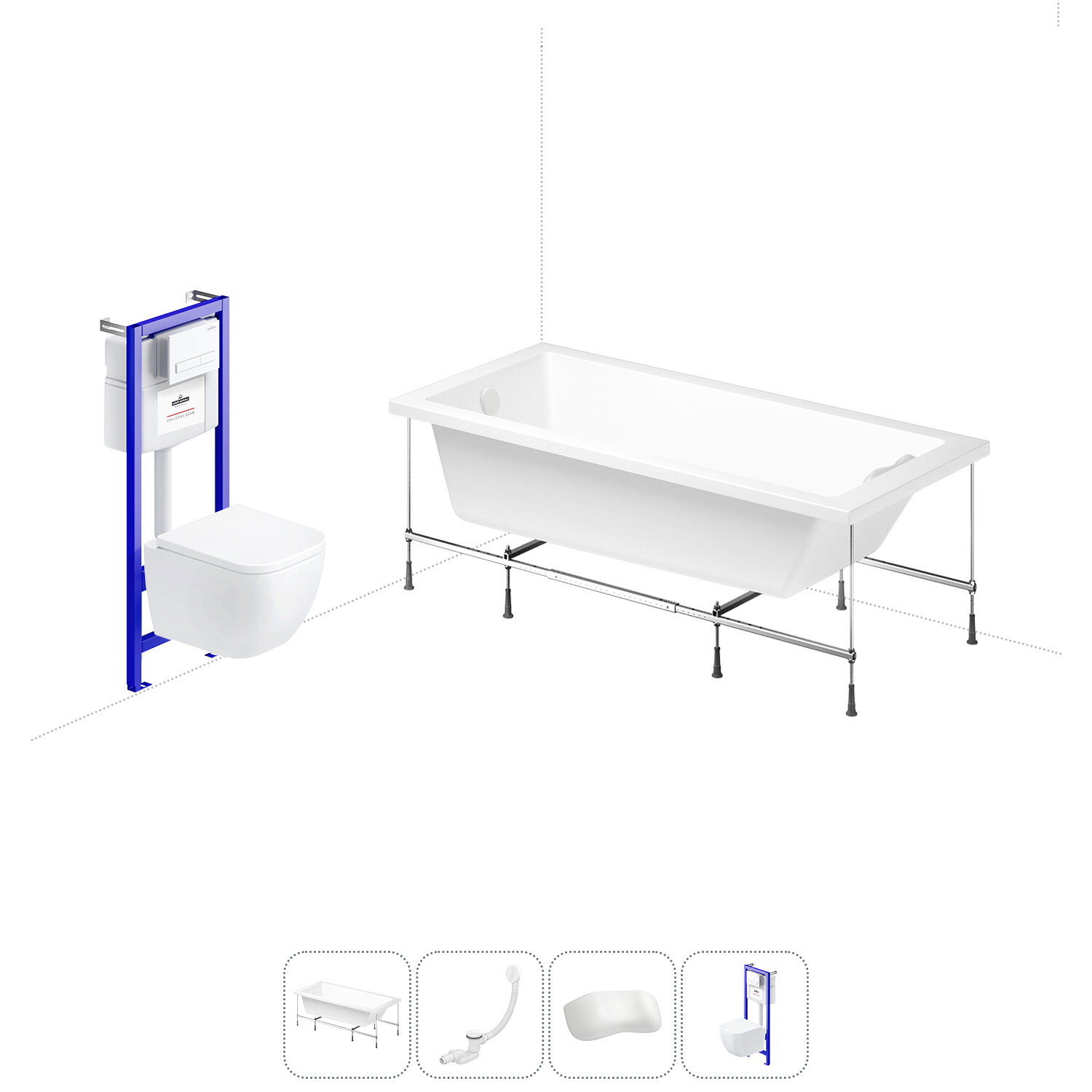 Акриловая ванна 160x80 с каркасом Lavinia Boho Catani 20221090R в наборе 5 в 1: ванна (левый разворот), ножки, слив-перелив, подголовник, унитаз в комплекте