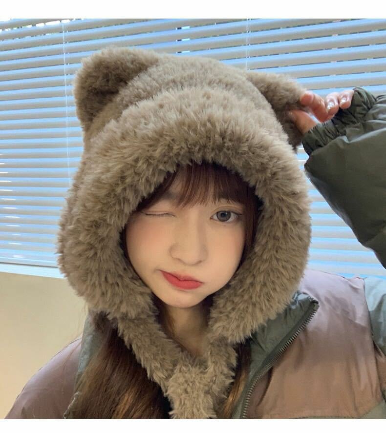 Вязаная шапка с милыми медвежьими ушками для женщин осенью и зимой, универсальная теплая шерстяная шапка с открытым лицом, плюшевая защитная шапка для ушей от холода