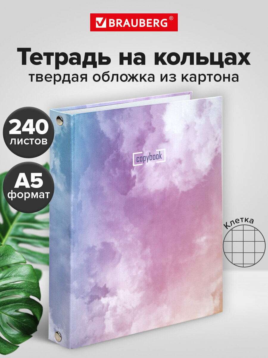 Тетрадь на кольцах А5 (175х215 мм), 240 листов, твердый картон, клетка, Brauberg, Cloud, 404094