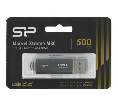 Память USB Flash 512 ГБ Silicon Power Xtreme M80 (SP500GBUF3M80V1G) - USB 3.2 Gen2, до 600 Мбайт/сек, монолит с колпачком, металл, пластик