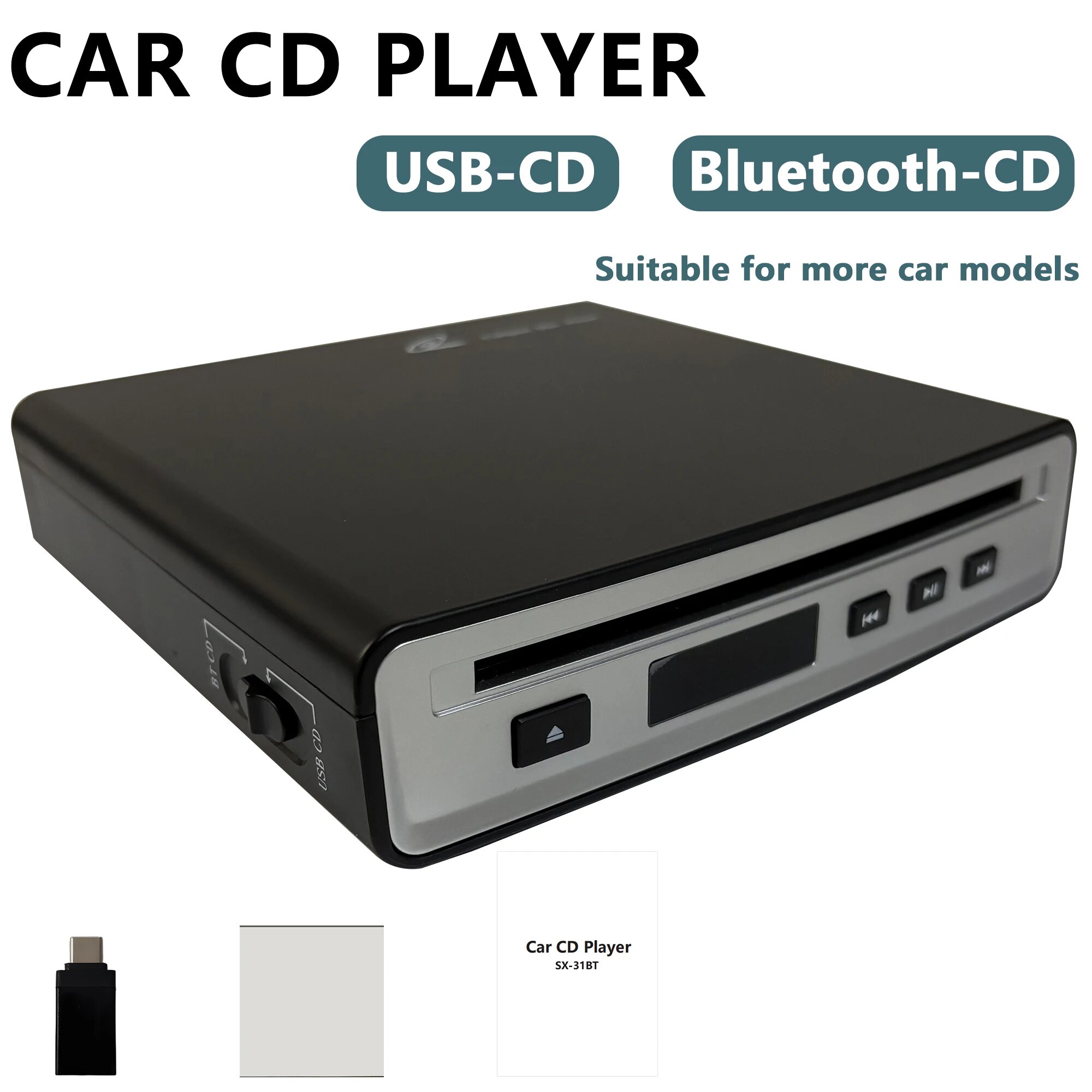 Портативный CD-плеер для автомобиля, внешний автомобильный CD-плеер, двухрежимный CD-плеер с USB или Bluetooth для всех моделей автомобилей, Plug and Play