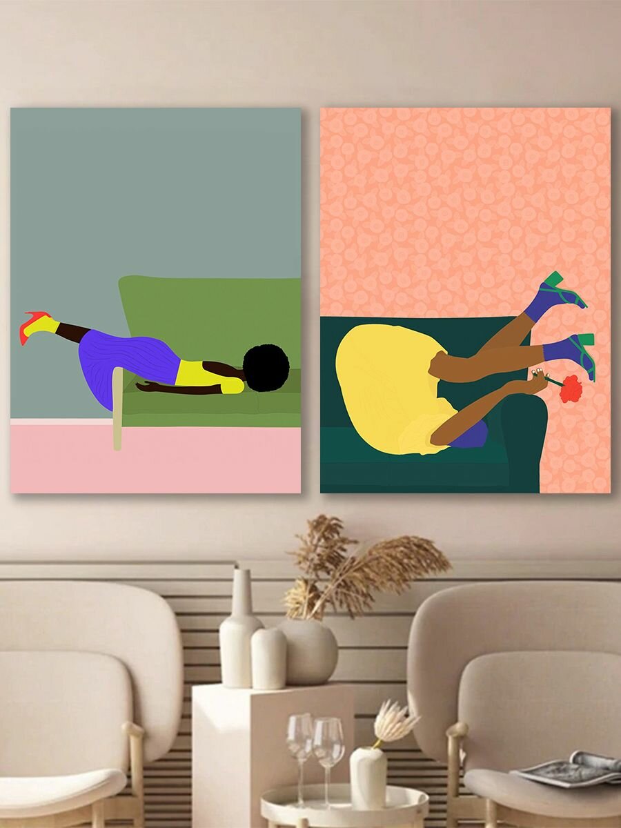 Картина модульная на стену / композиция из 2-х картин, "Уставшая девушка на диване", 70х100 см.