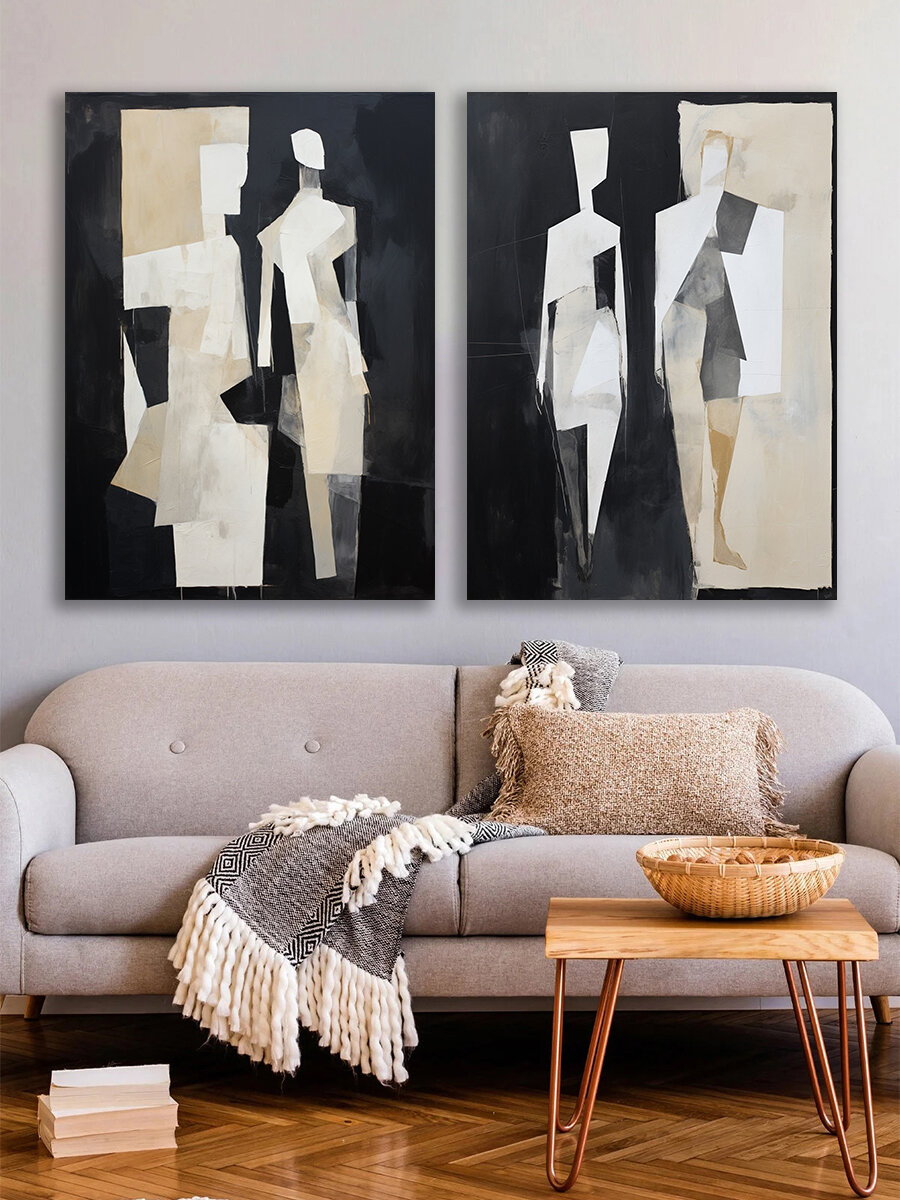 Картина модульная на стену / композиция из 2-х картин, "Силуэты людей, абстракция, пара девушка и мужчина", 70х100 см.