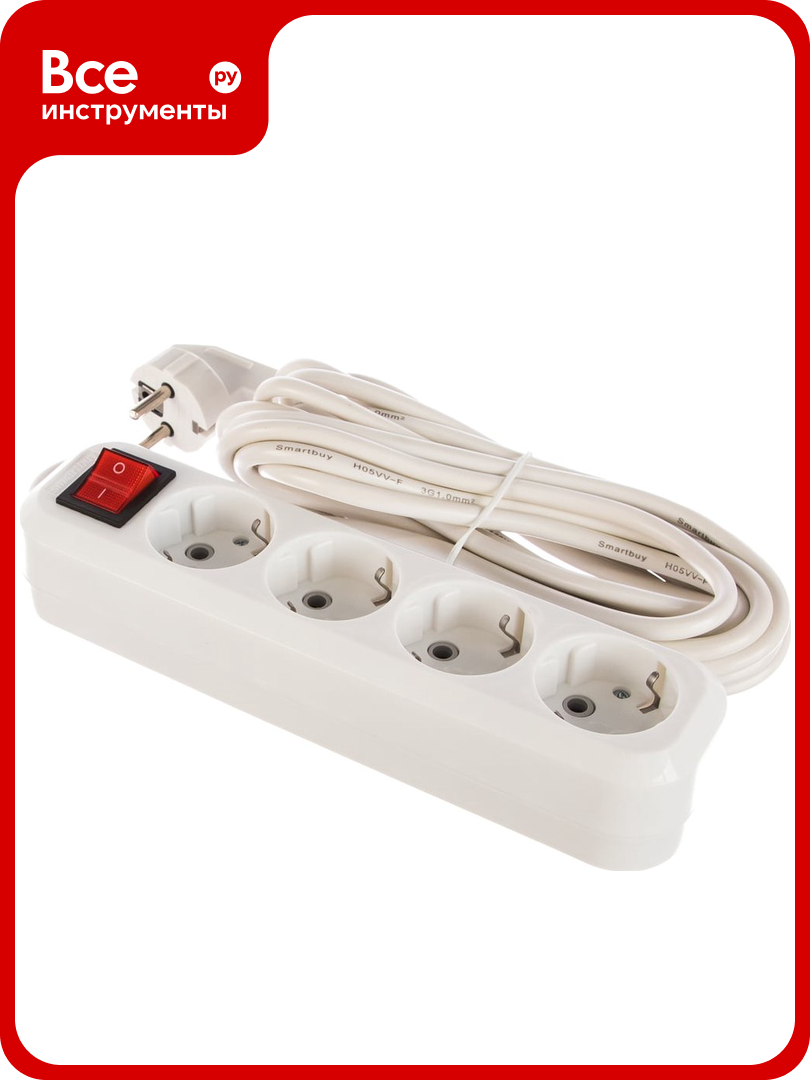Удлинитель Smartbuy 4 гнезда 5 метров 16А/3,5кВт с выкл. и заземлен. ПВС 3х1,0 SBE-16-4-05-ZS, 16 А