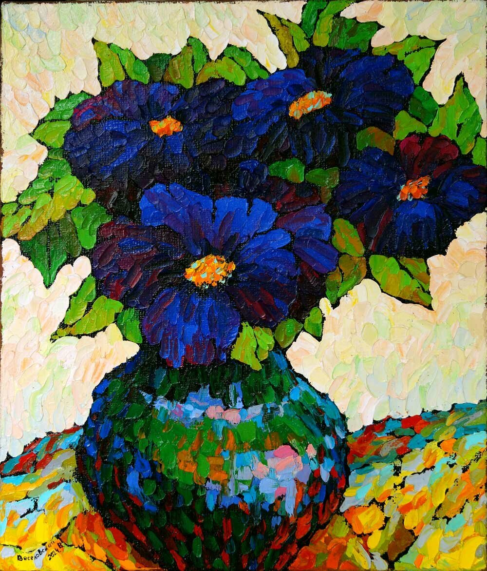 Картина мастихином, маслом в интерьер. Ультрамариновые цветы. Художник Веселовский В. Холcт, маслo. 45х38см.