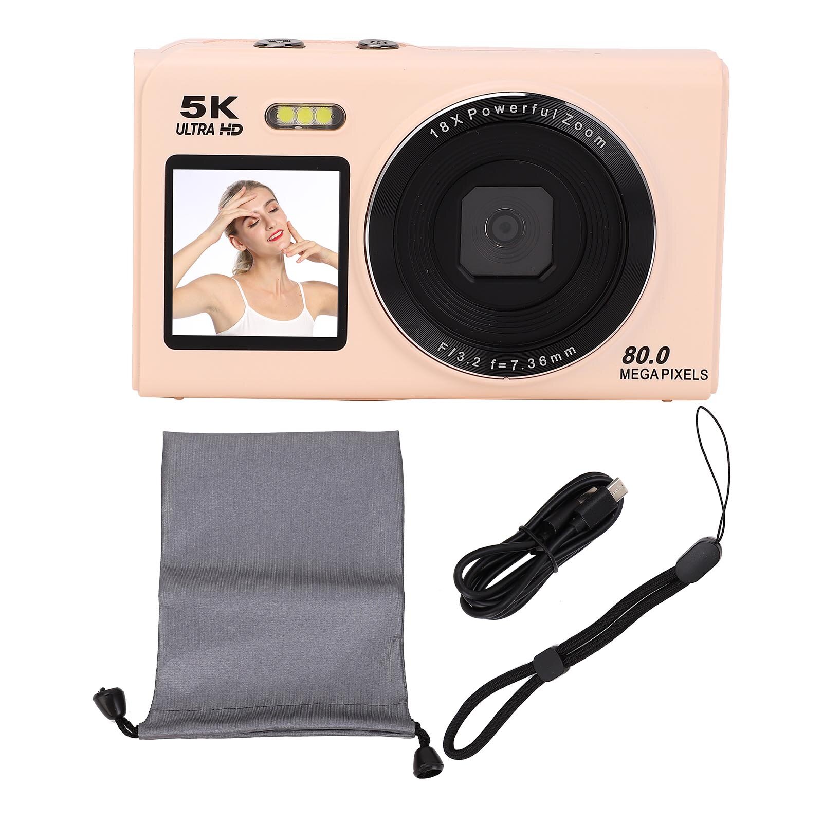 Digital Camera 5K 80MP Double Screen Autofocus 18x Zoom WiFi Camera with Flash for Travel Live Streaming Roseate