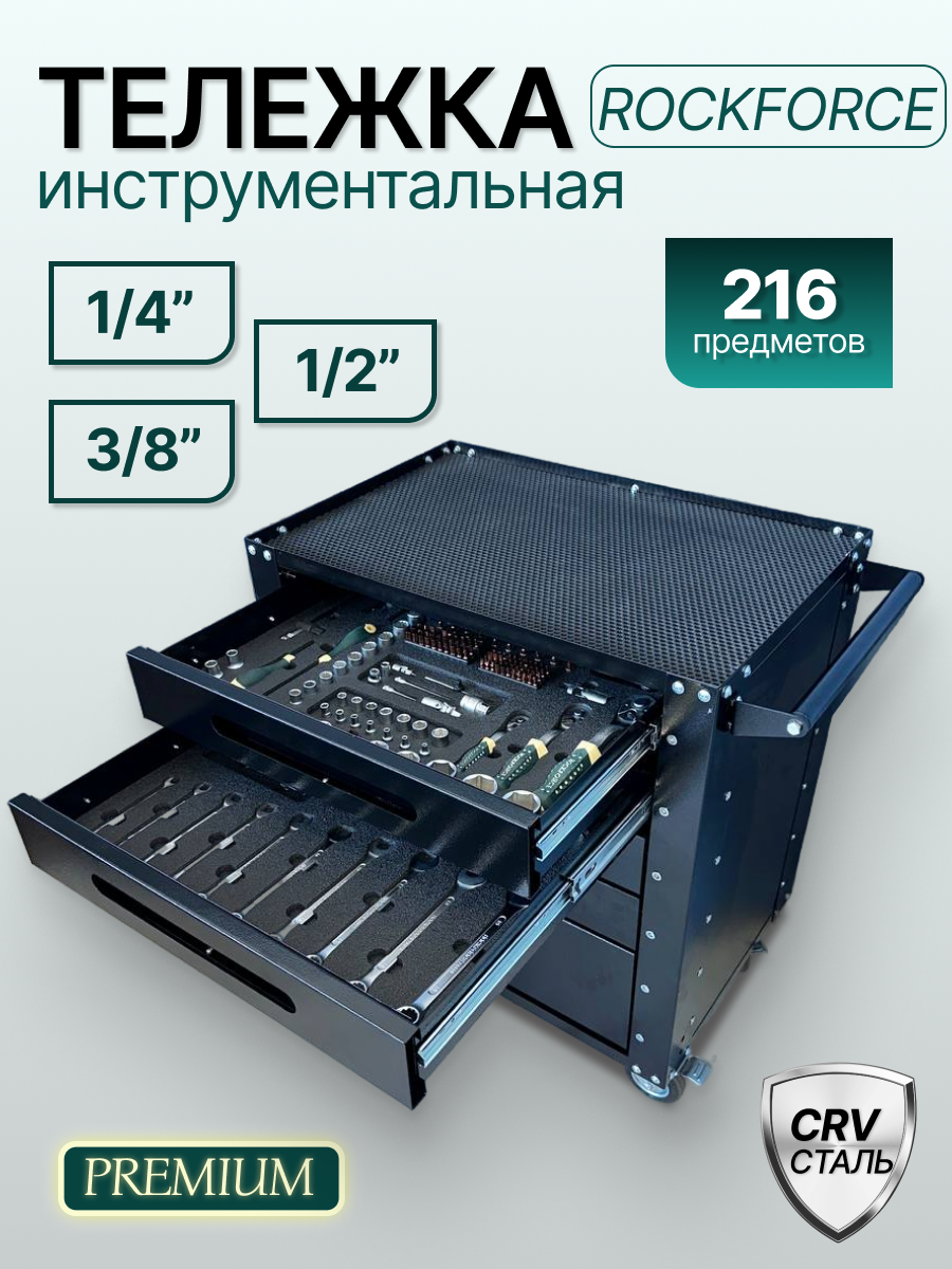 Тележка инструментальная Rock Force Premium с набором инструментов 216 предметов в мягких ложементах