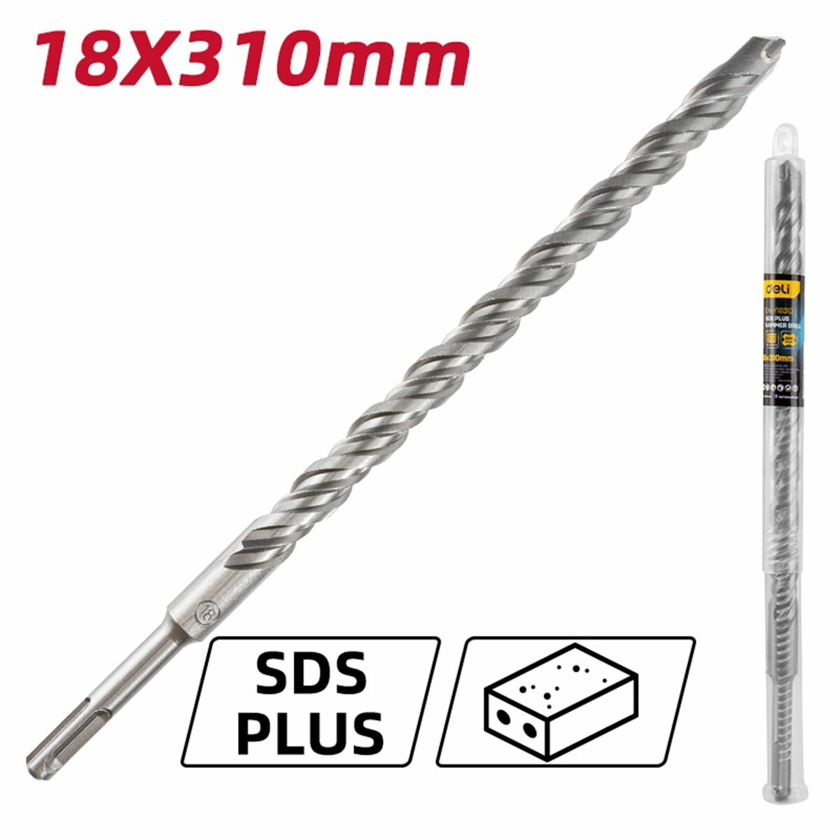 Бур по бетону Deli DH-Y18310, SDS Plus, 18x310 мм, карбид/сталь, серебристый