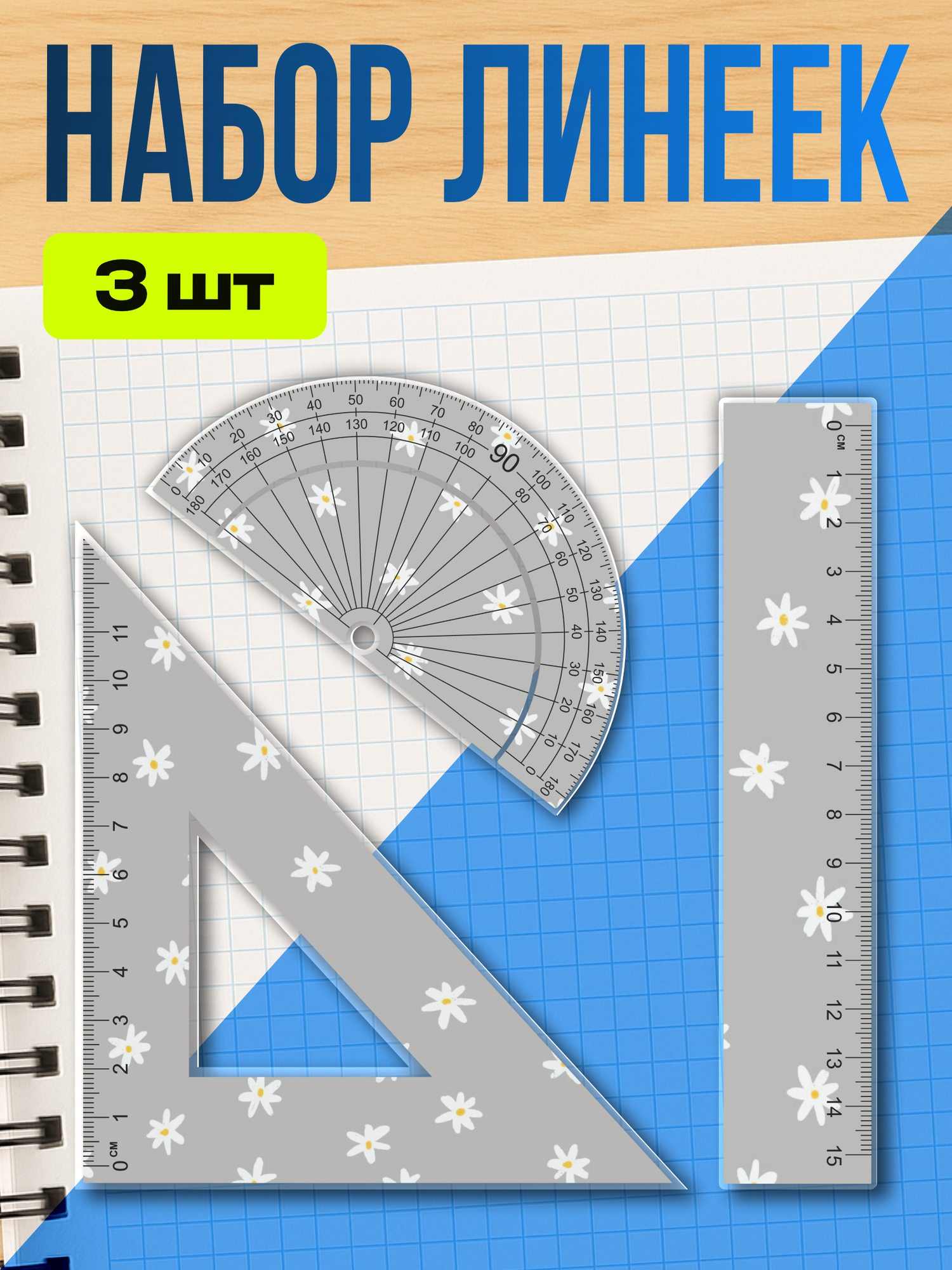 Набор линеек для школьника с транспортиром Цветы Ромашки