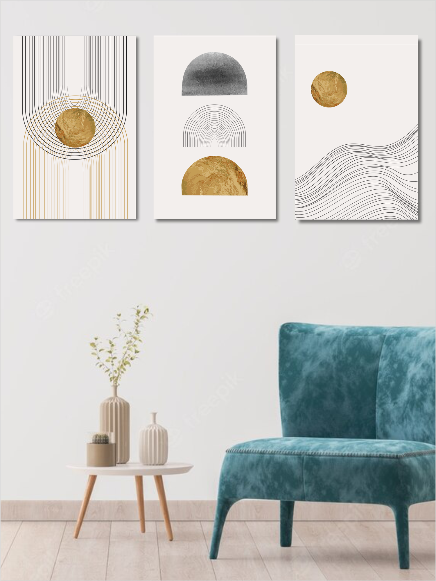 Модульная картина для интерьера на стену минимализм. Абстракция с золотым кругом и линиями 40х60 см - 3 штуки на холсте на подрамнике