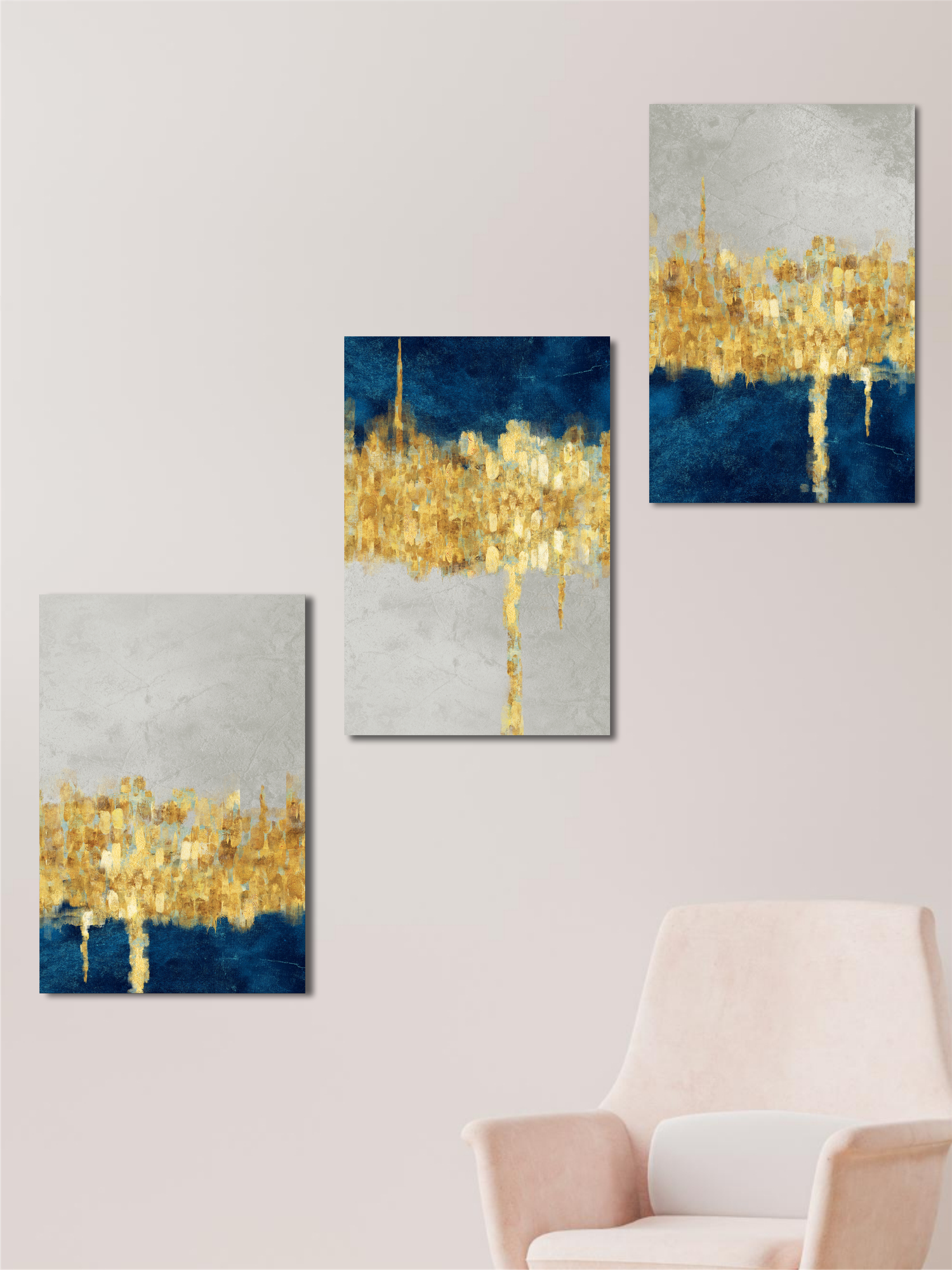 Модульная картина для интерьера на стену минимализм. Серо-синяя абстракция с золотом 40х60 см - 3 штуки на холсте на подрамнике