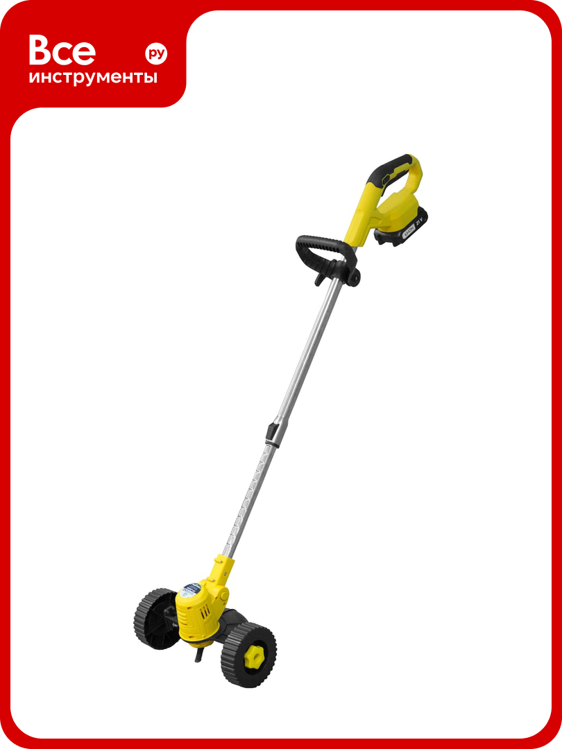 Аккумуляторный триммер на колесах полесад ТР-2120К 21 В, захват 15 см, сдвижная штанга, леска, нож, картон