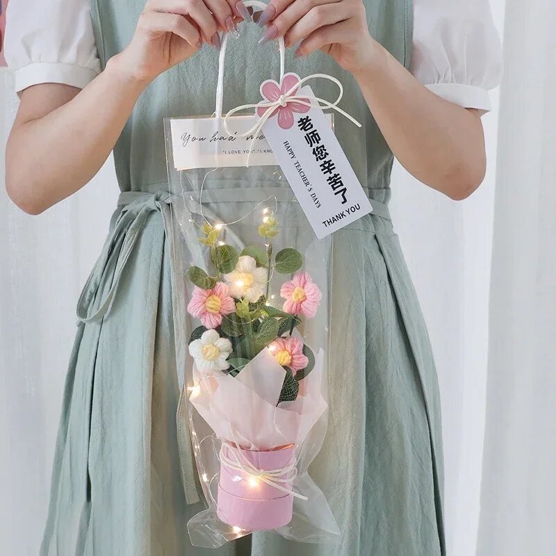 Вязаный букет из хлопка S1 Pink с подсветкой