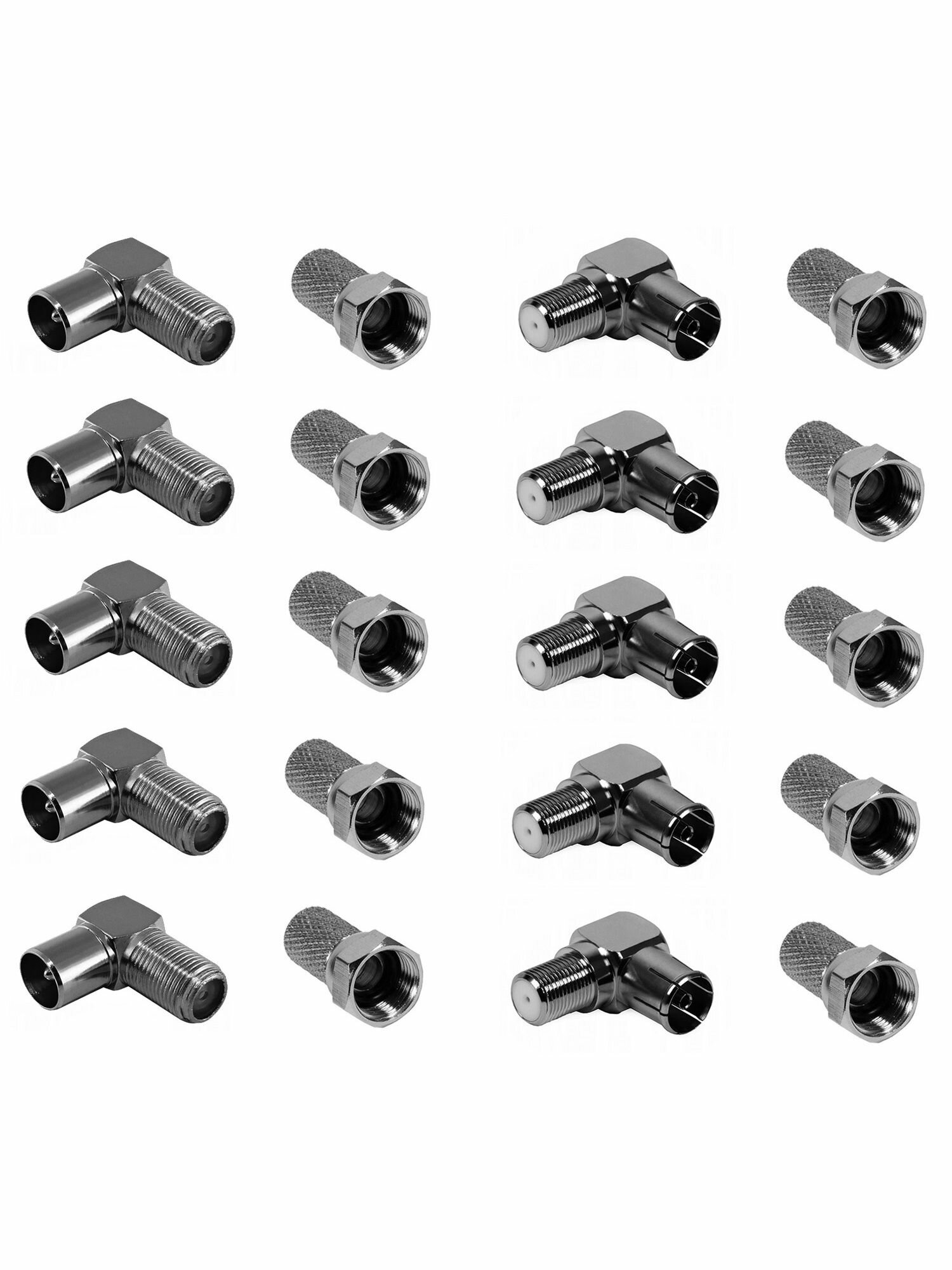 Комплект телевизионных разъёмов (Штекер TV/F угловой - 5 шт. Гнездо TV/F угловое - 5 шт. F-разъём - 10 шт.)