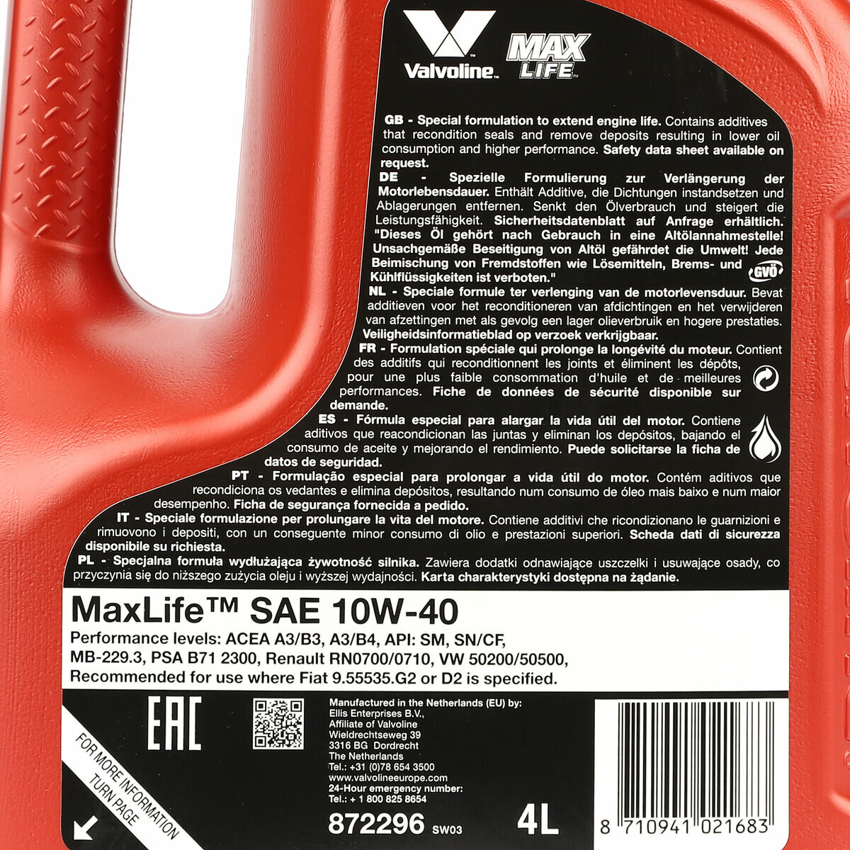 Масло Моторное Valvoline Maxlife 10W-40 4Л.(Valvoline 872296) — фото 1