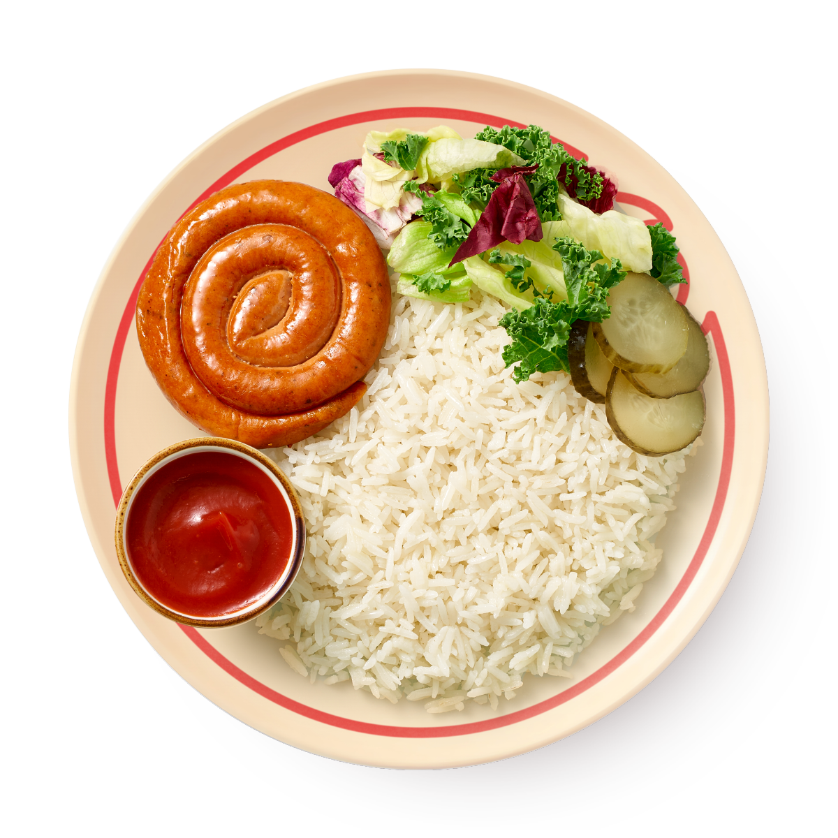 Колбаска с гарниром "Есть Горячее", с рисом, салатом, кетчупом, свинина