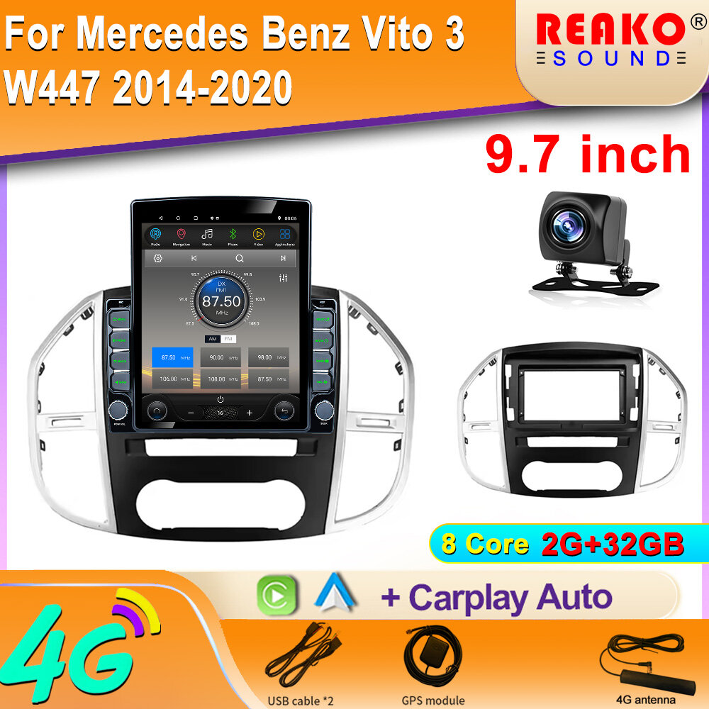 Магнитола для Mercedes Benz Vito 3 W447 2014-2020 , с камерой заднего вида. IPS экран 9.7 дюймов, Wifi 2din с сенсорным экраном, usb и блютузом.