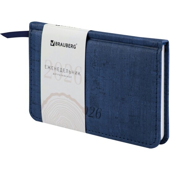 Еженедельник датированный Brauberg 2026 малый формат 95х155 мм, А6, "Wood", под кожу, синий, 117195