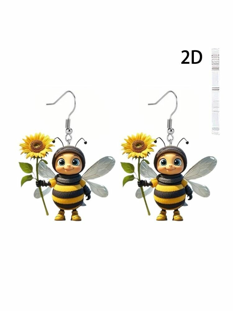 1 пара двухмерных акриловых сережек в виде пчелок с подсолнухами