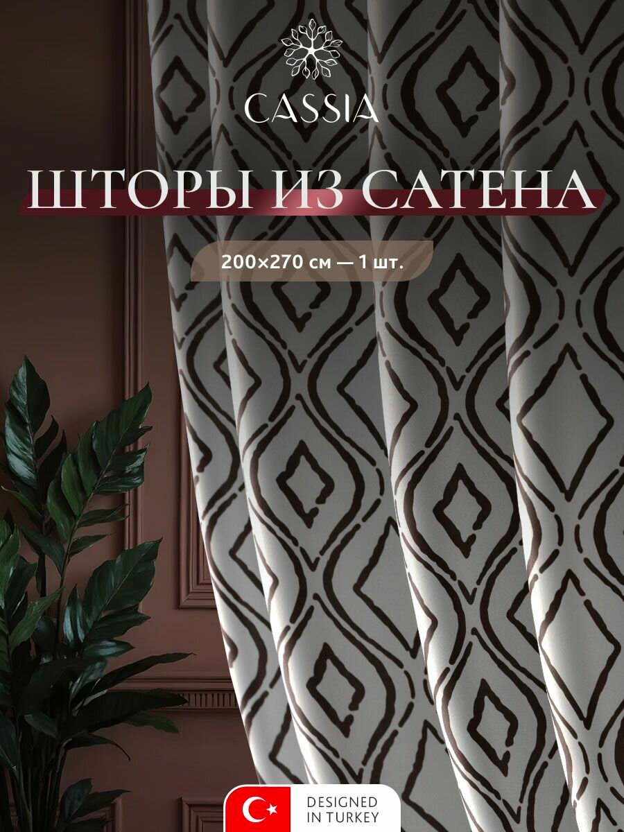 CASSIA Штора для комнаты "Руна" димаут, сатен, 270 высота на 200 ширина, коричневая