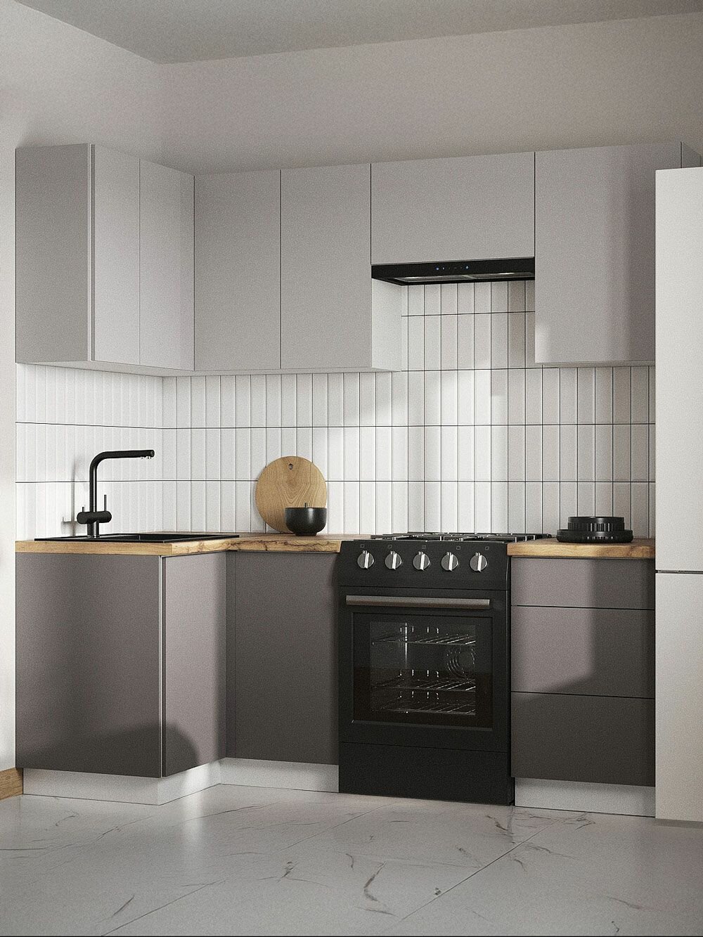 Кухонный гарнитур угловой Тандем 2.1х1 м, мебель для дома и кухни, Белый / Нео / Грей