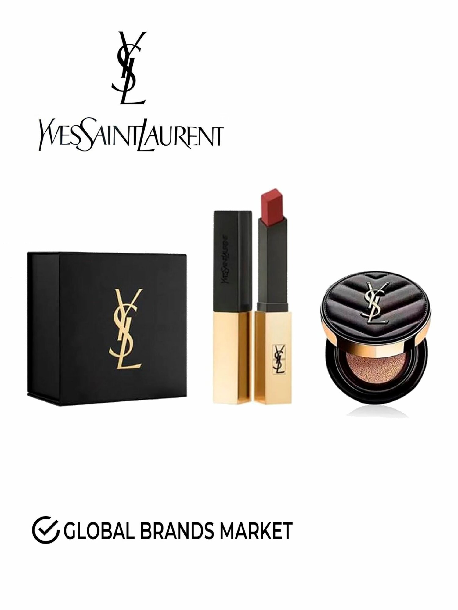 Подарочный набор : Помада Yves Saint Laurent 1966 Rouge, крем-кушон YSL Le Cushion Encre De Peau B20, подарочный бокс