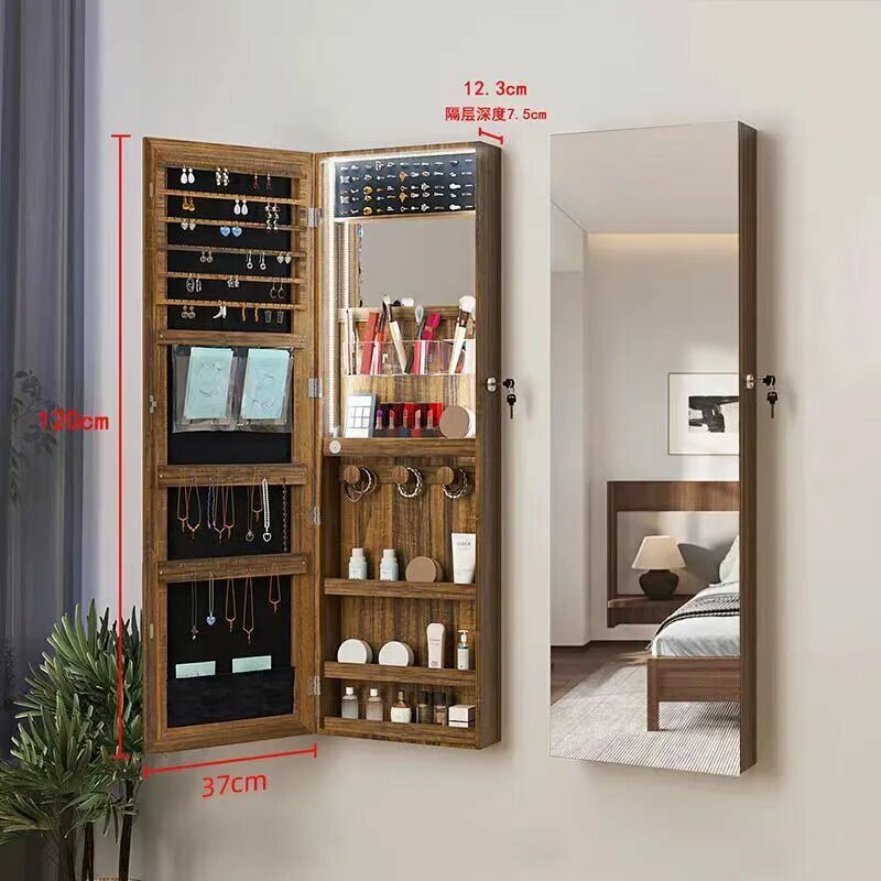 Шкаф-зеркало, массив дерева, МДФ, 3 полки, LED-освещение, коричневый