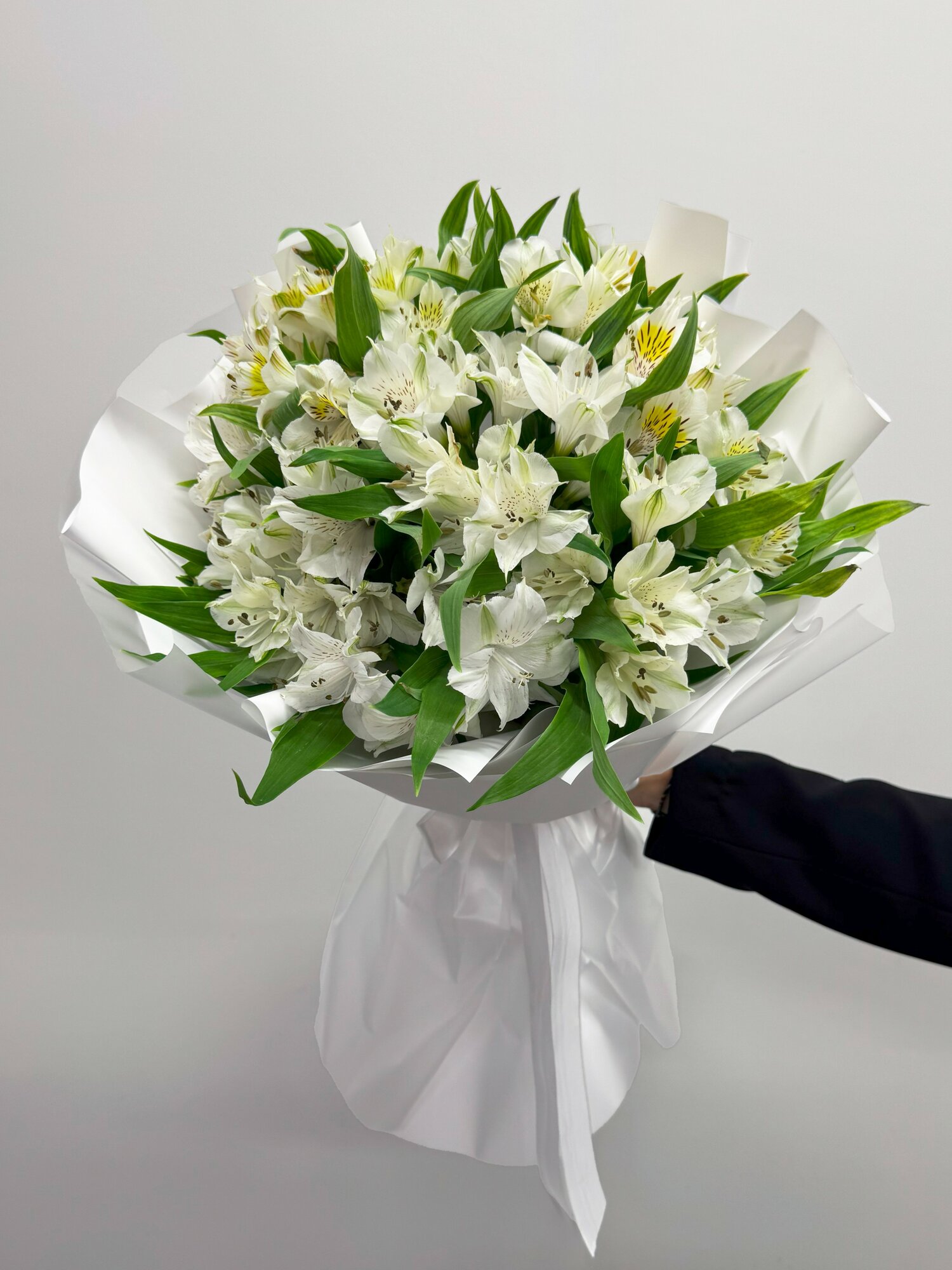 Букет живых цветов, белая альстромерия 11 шт 50 см. в упаковке, флау стор