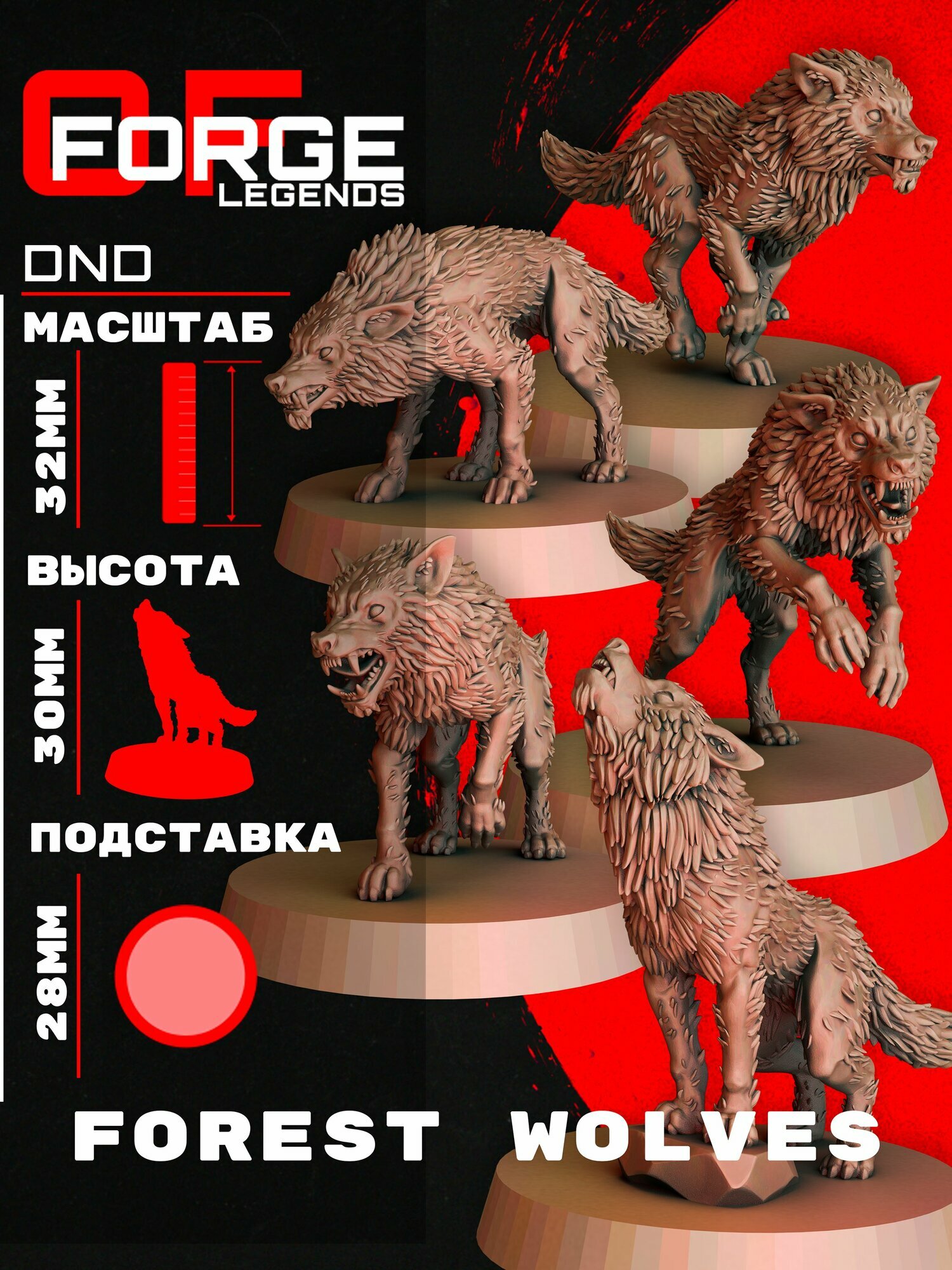 Набор миниатюр "Лесные Волки" (5 шт), для ДнД и НРИ, масштаб 32мм
