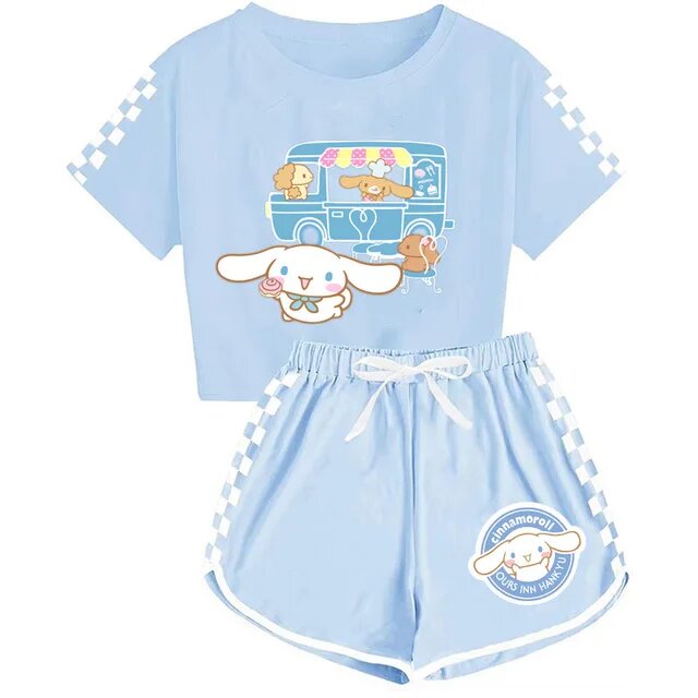 Комплект футболок и шорт с героями мультфильмов Sanrio для девочек, мягкая пижама с короткими рукавами Cinnamoroll Kuromi, летняя спортивная одежда, подарок для дома