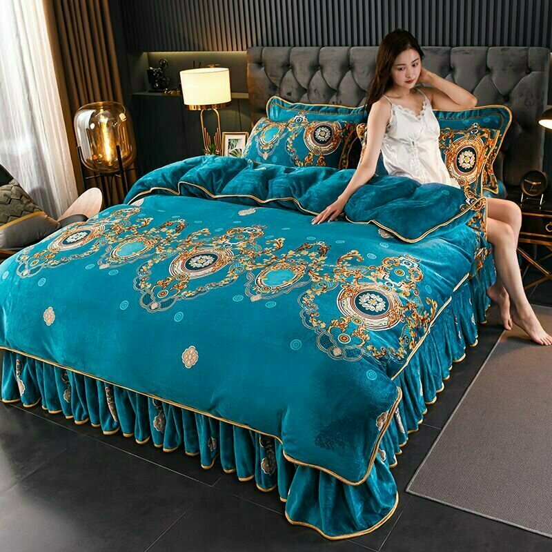 Комплект постельного белья "Молочный бархат, хлопок, синий, с молнией