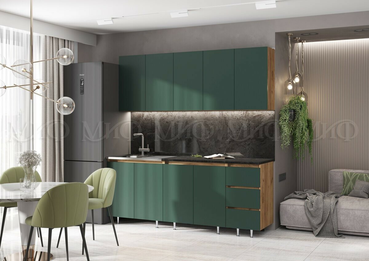 Кухня Миф Челси 2,0м фасады Изумруд, корпус Дуб крафт столешница Кастилло