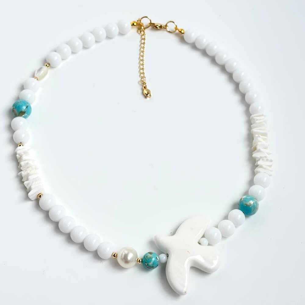 Колье, керамика, говлит, агат, ракушка