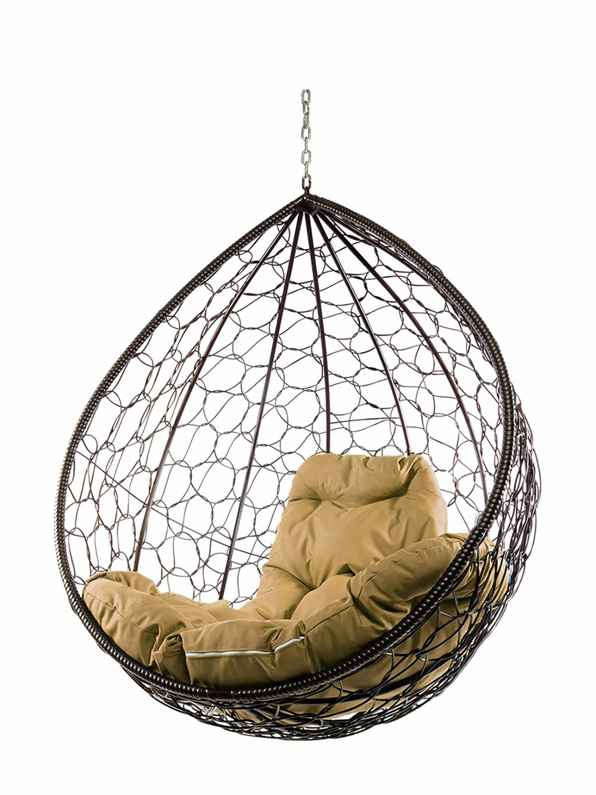 Подвесное кресло капля (без стойки), с ротангом коричневое, бежевая подушка