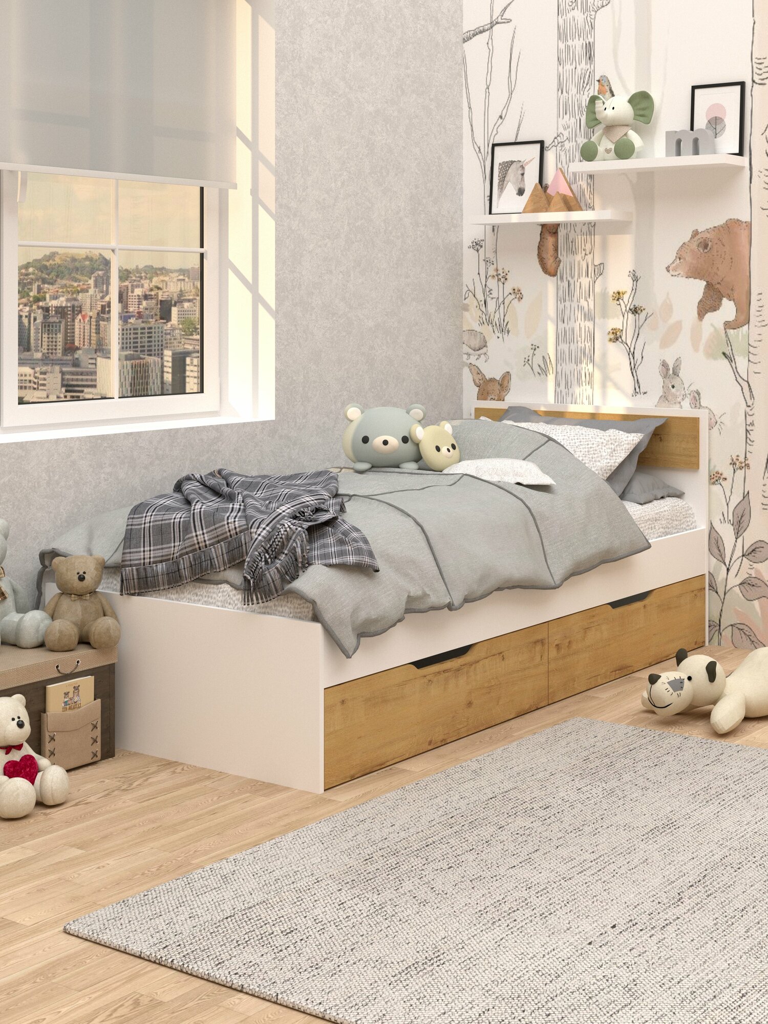 Есэндвич Монако Кровать 90х200 односпальная 203х78х93 см (Белый/Дуб бунратти) с ящиками