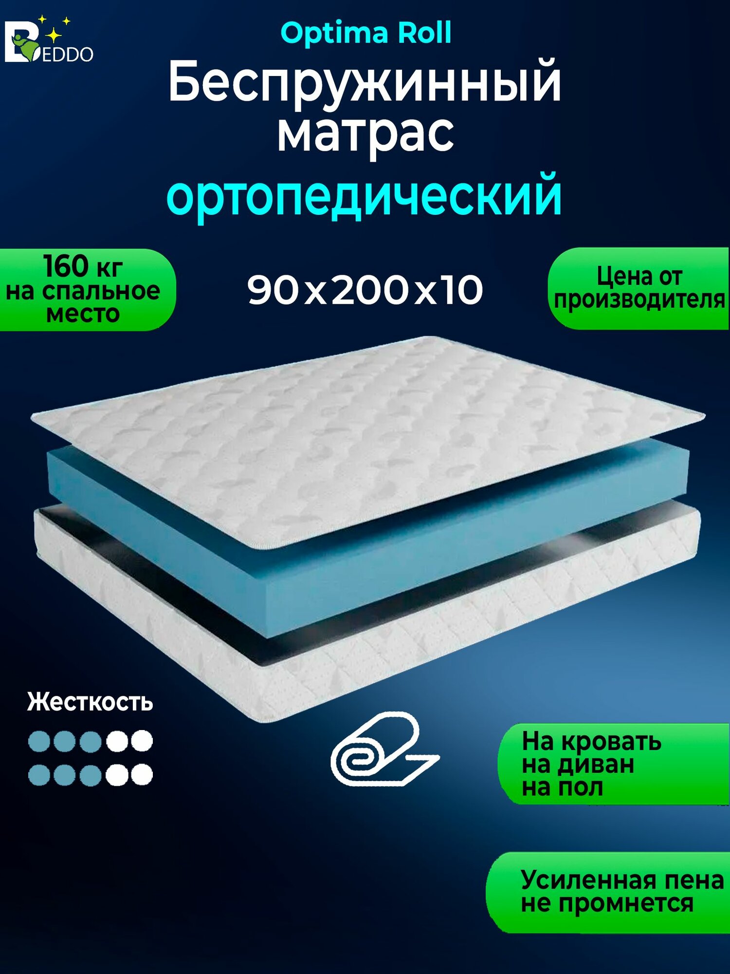 Матрас 90*200 беспружинный 10 см BEDDO
