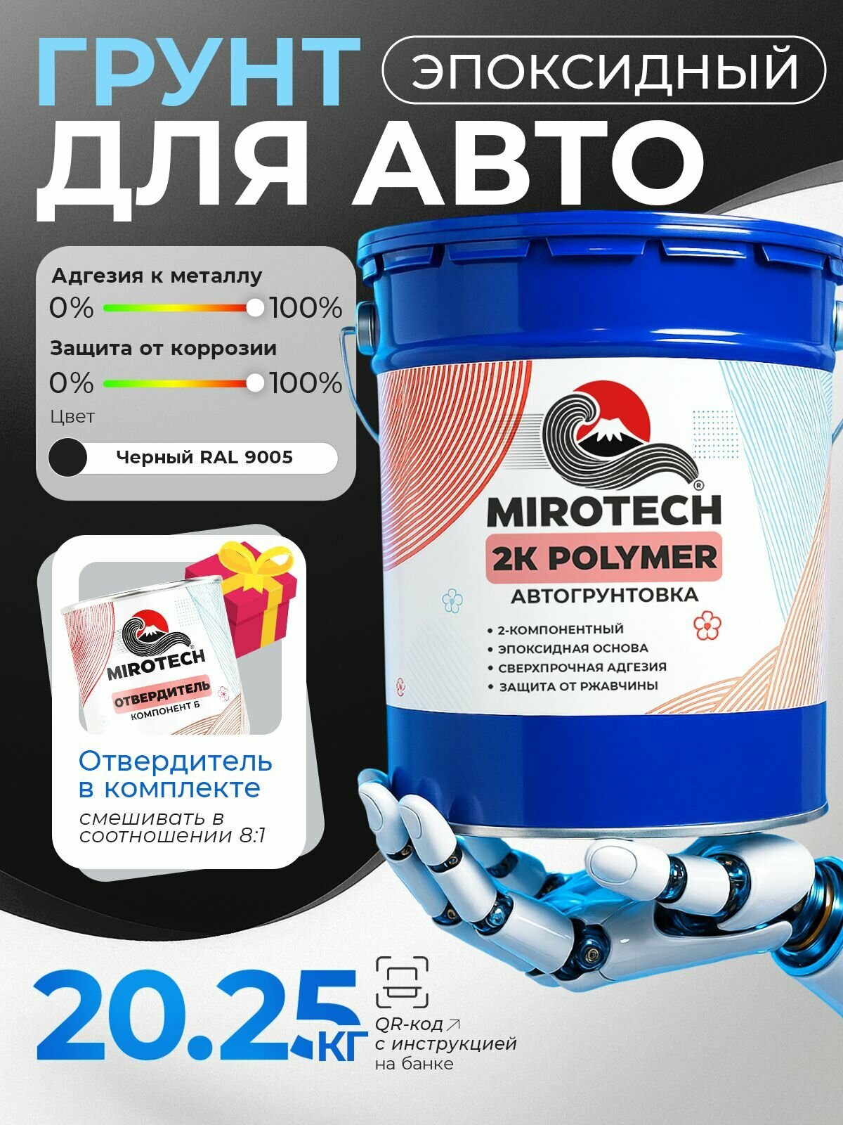 2К автогрунтовка двухкомпонентная MiroTech Polymer/ Эпоксидный грунт для авто антикоррозионный высокопрочный, цвет черный RAL 9005 (18 кг + 1,8 кг отвердитель)