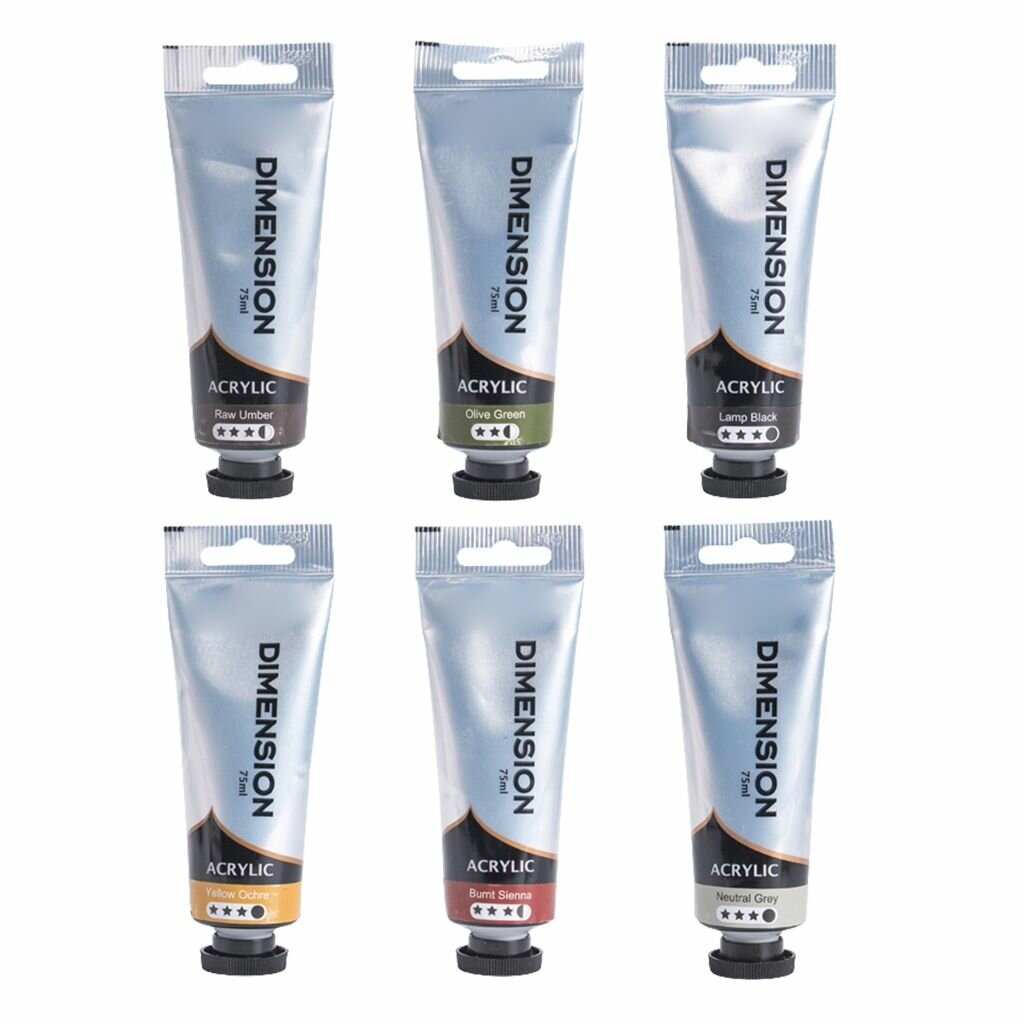 1 набор из 6 флаконов, 75 мл высокопластичного акрилового пигмента - оливково-зеленого, землисто-желтого, охристо-коричневого, средне-серого, угольно-черного