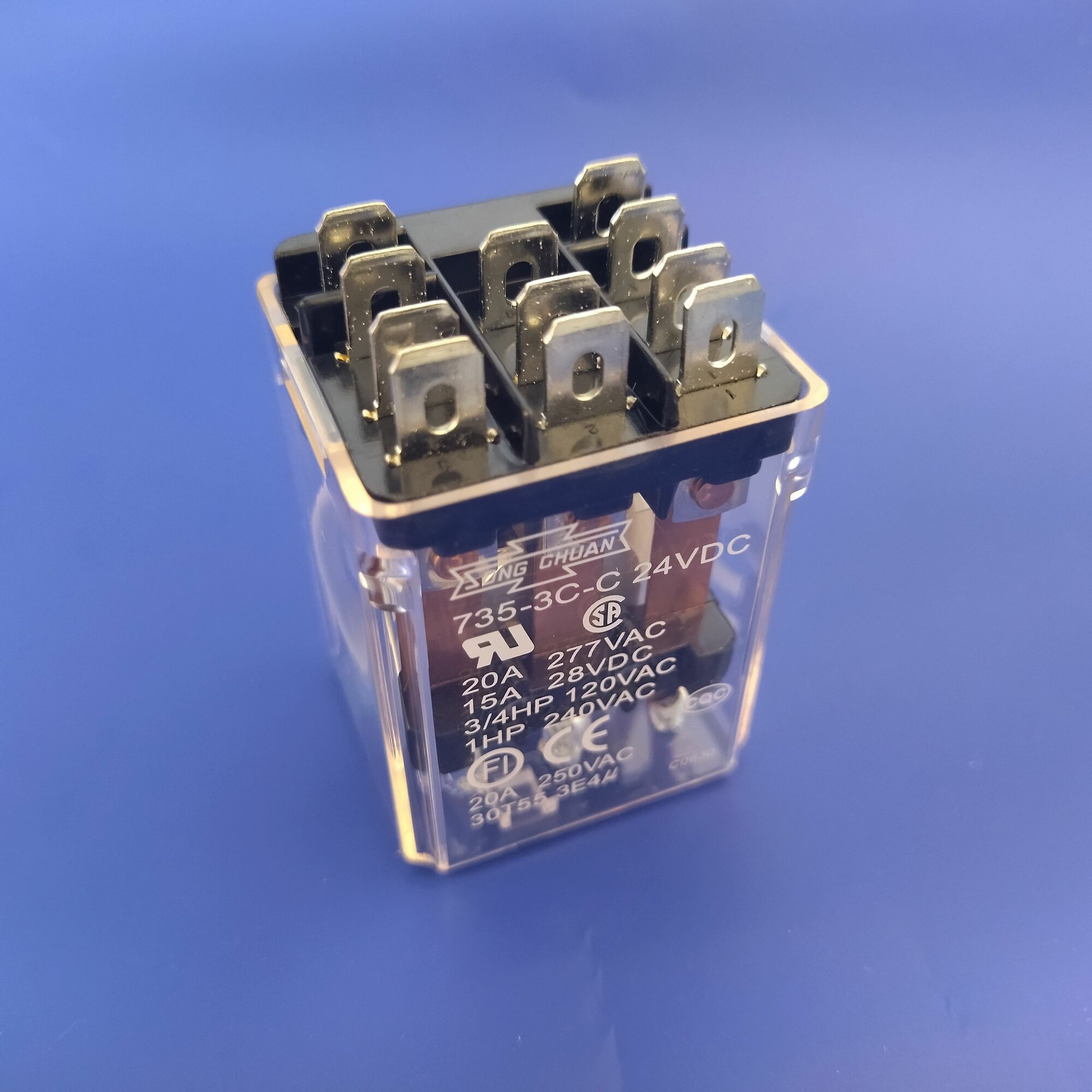 Электромагнитное промежуточное реле в колодку 735-3C-C 24VDC SONGCHUAN, TPDT, 15A 240VAC/28VDC, 1.5W