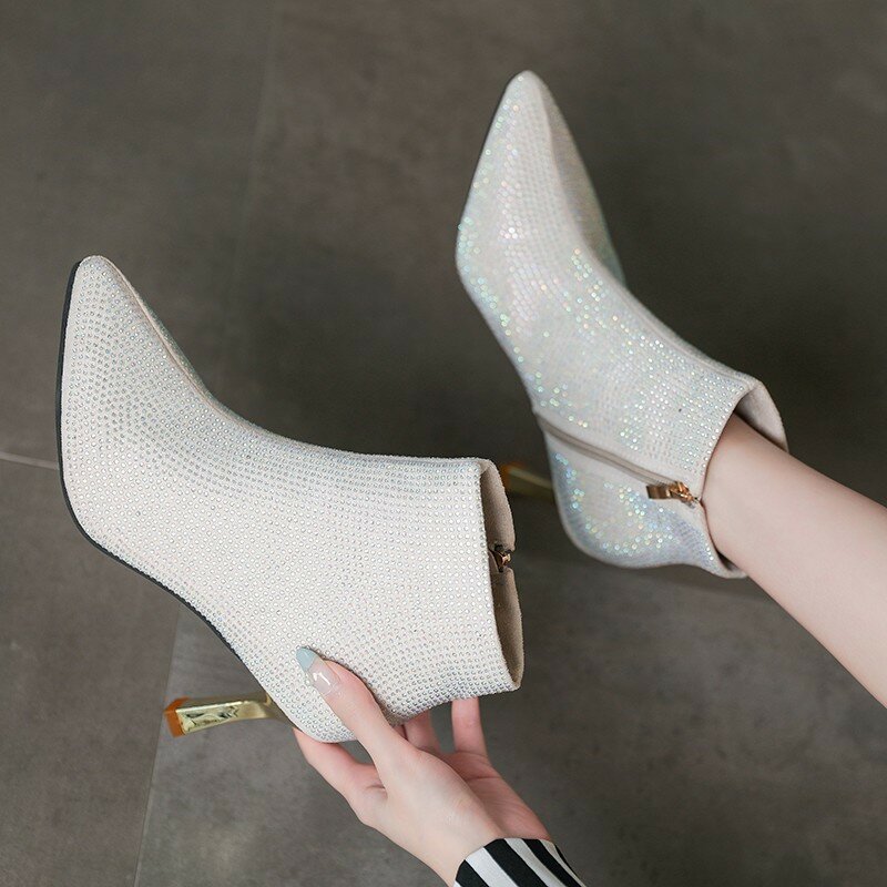 MOOCIE Ботильоны женские 2025 года, новая осенняя версия, корейская версия, универсальные, со стразами, заостренные, на шпильке, короткие, на тонких каблуках, как у знаменитостей из Интернета