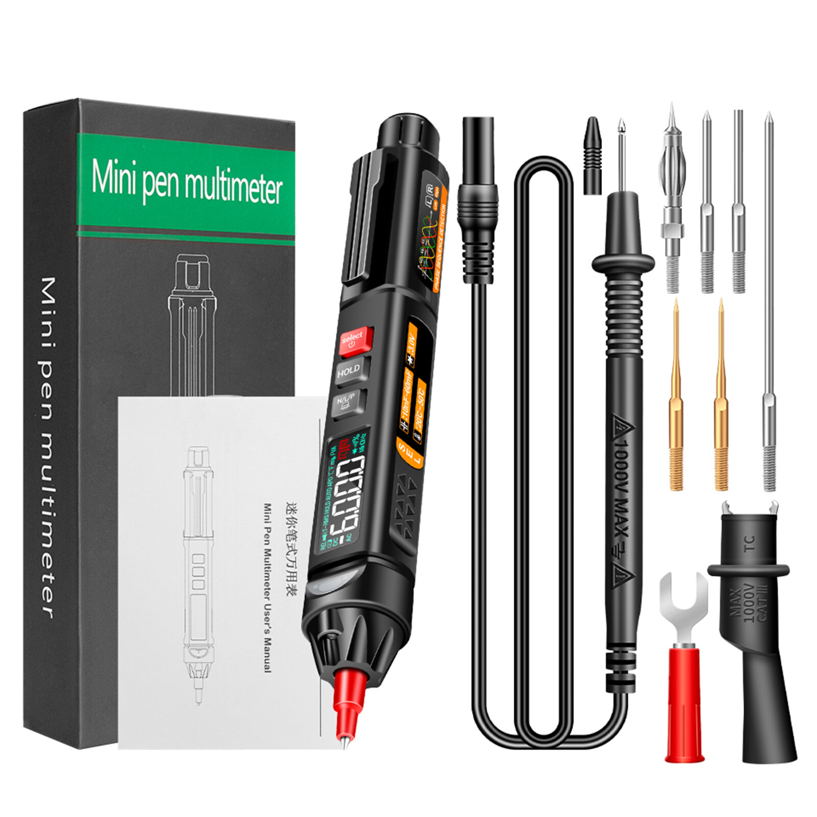 ANENG A3009 Мини-мультиметр с голосовой трансляцией, 6000 отсчетов, Вольтметр VA, Обратный ЖК-дисплей, Фонарик, NCV-тестер сопротивления напряжению, Емкости, Температура Вкл./Выкл, Измерение последовательности фаз диодов с комбинированными аксессуарами.