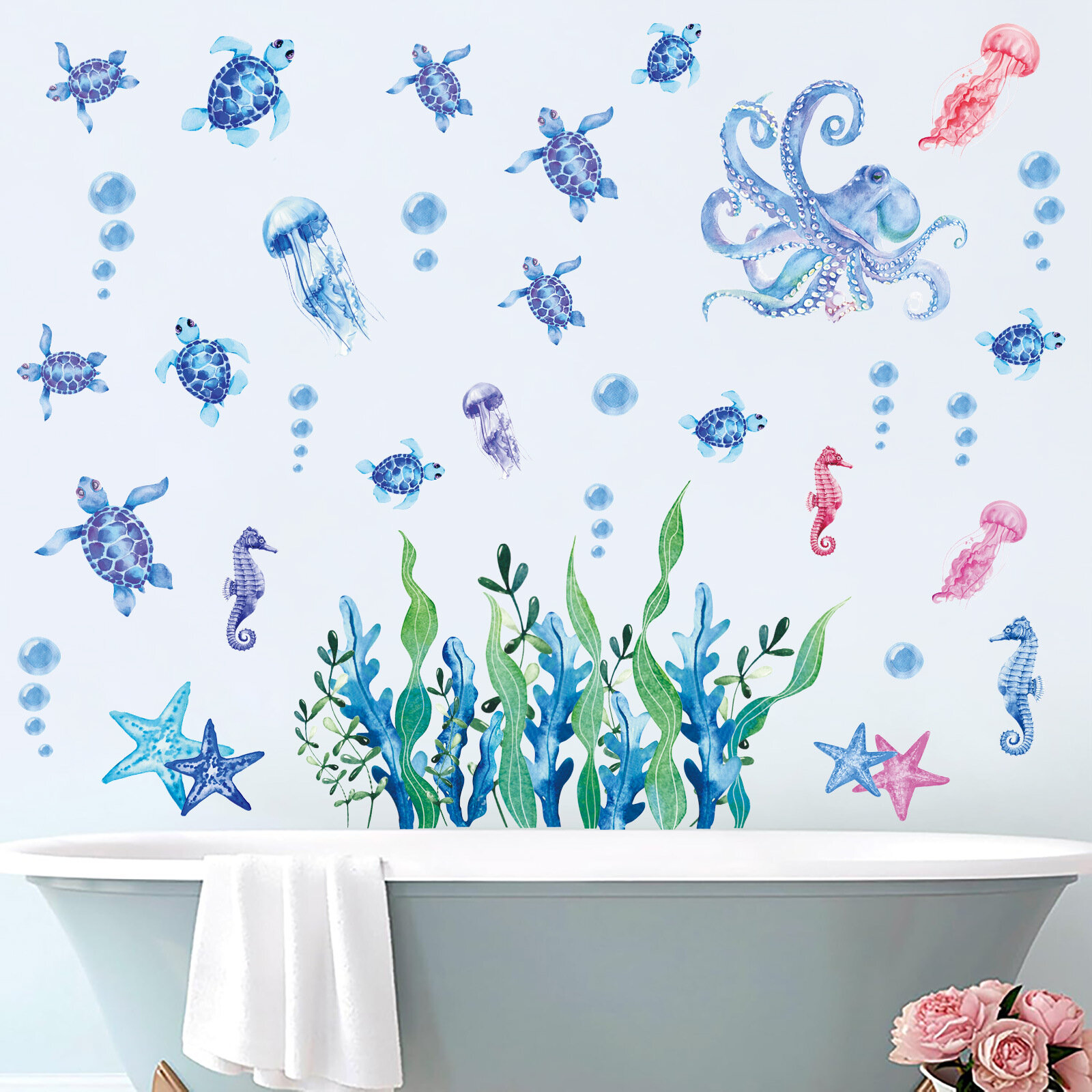 Наклейки на стену с изображением подводных морских животных, морских черепах, медуз, морских коньков, осьминогов, виниловые обои для ванной комнаты, спальни, гостиной, детской комнаты, декор, самоклеящиеся водонепроницаемые наклейки из ПВХ