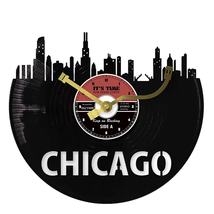Настенные часы с виниловой пластинкой "Chicago Skyline" в стиле ретро | Винтажный дизайн "Время для хорошего кофе" | Бесшумные кварцевые часы без тиканья | Металлический корпус 30 см для офиса и дома